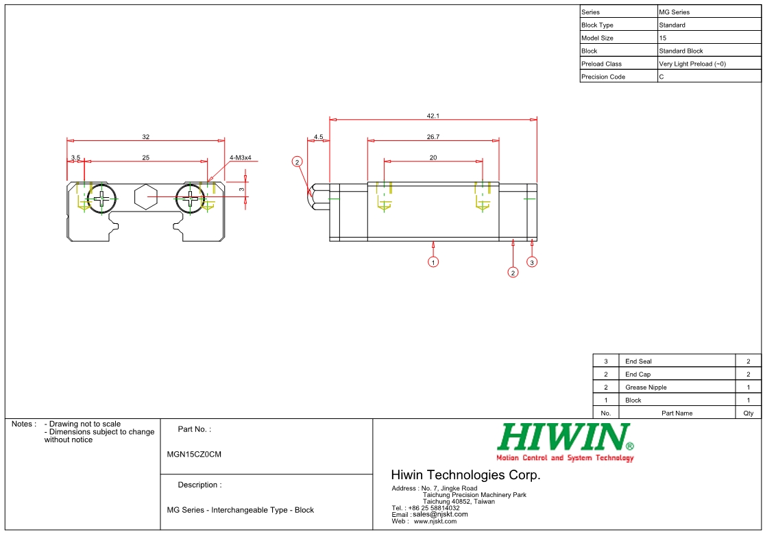 Original HIWIN 15mm Linear Guide Block MGN15C- NJSKT