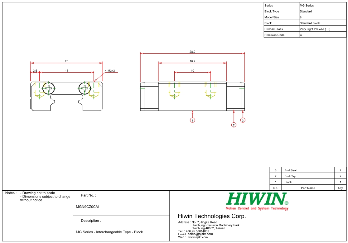 Original HIWIN 9mm Linear Guide Rail MGN9C- NJSKT